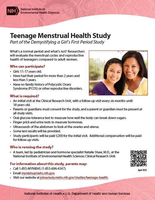 Join an NIEHS Study - Studies - Teenage Menstrual Health Study